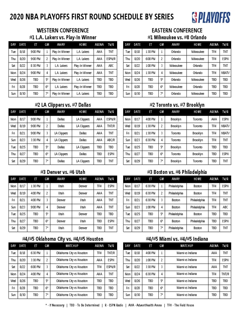 2020 NBA Playoffs First Round Schedule by SERIES | Download Free PDF ...