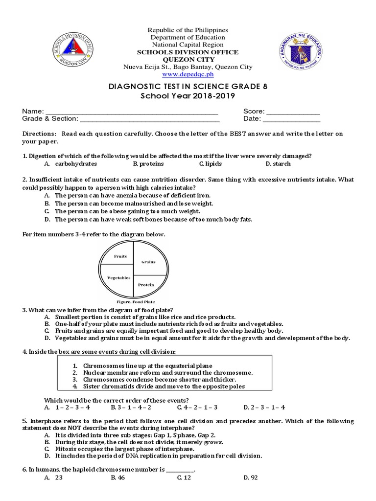 Diagnostic Test in Science Grade 8 School Year 2018-2019: Schools ...