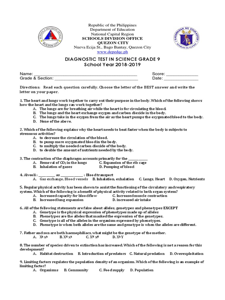 Grade 9 Science Diagnostic Test 2018-2019 | PDF | Lung | Volcano
