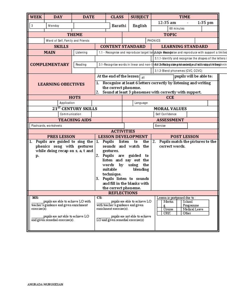 RPH ENGLISH YEAR 1 Week 1 | PDF | Phonics | Pedagogy