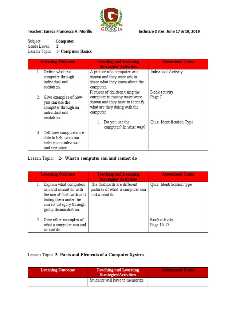 Learning Outcomes for Primary Computer Class | PDF | Input/Output ...