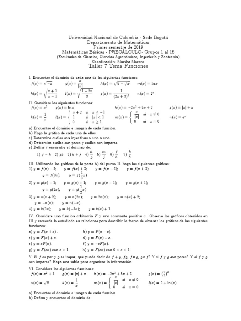Taller 7 Precalculo I 2019 PDF | PDF | Enseñanza de matemática | Naturaleza