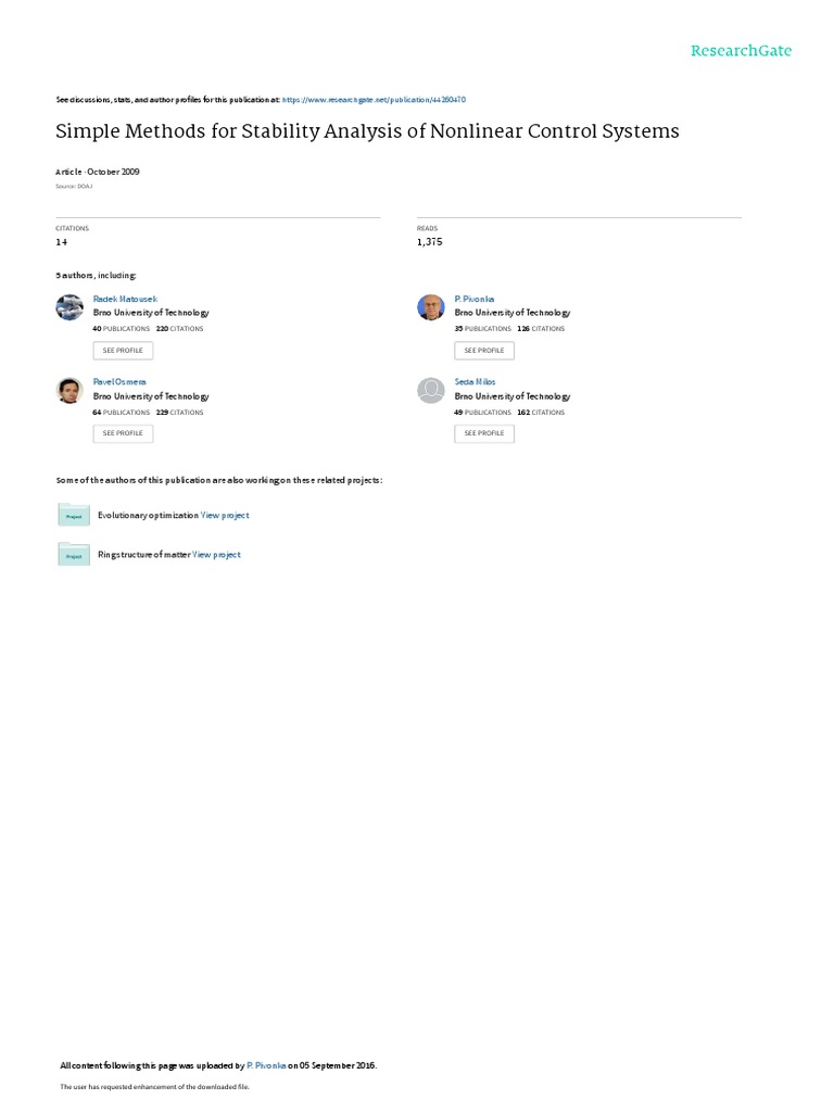 Simple Methods For Stability Analysis of Nonlinear Control Systems | PDF | Stability Theory ...
