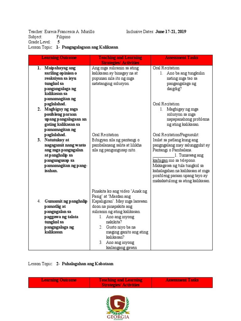 Filipino 5 Learning Outcome For Sy 2019-2020 | PDF