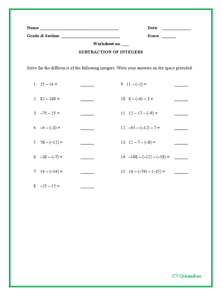 Subtraction of Integers Worksheet | PDF