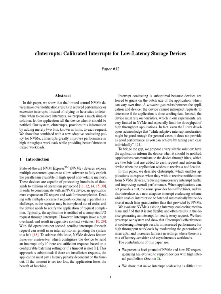 Cinterrupts: Calibrated Interrupts For Low-Latency Storage Devices | PDF | Latency (Engineering ...