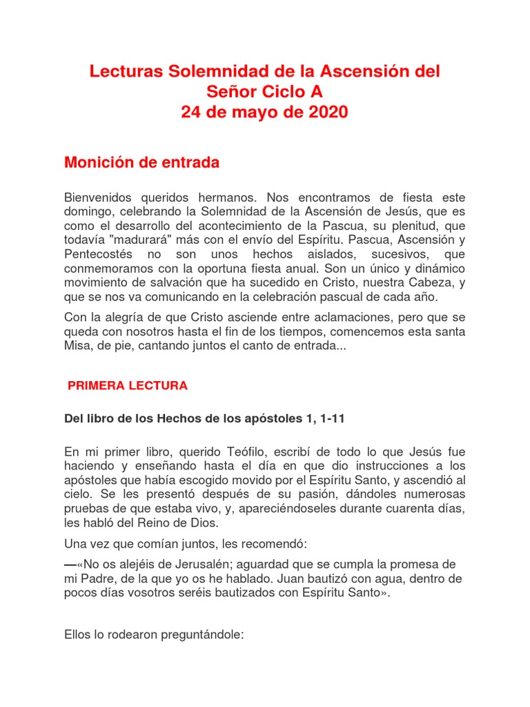 Lecturas Solemnidad de La Ascensión Del Señor Ciclo A 24 de Mayo de ...