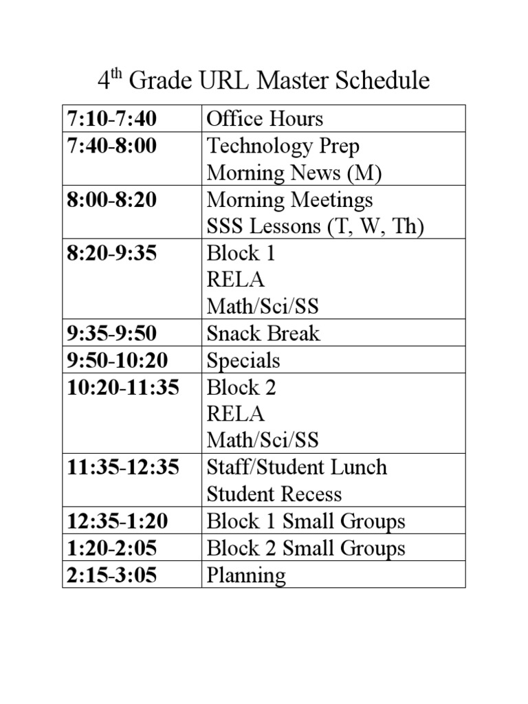 4th Grade Daily Schedule | PDF