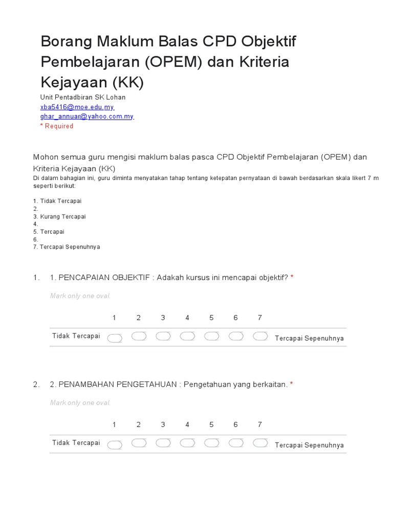 Borang Maklum Balas CPD Objektif Pembelajaran OPEM Dan Kriteria | PDF