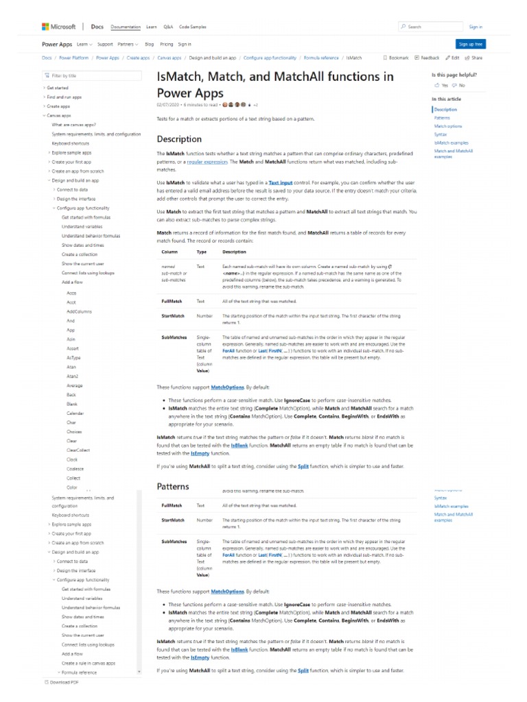 Microsoft en Us Powerapps Maker Canvas Apps Functions Function Ismatch ...