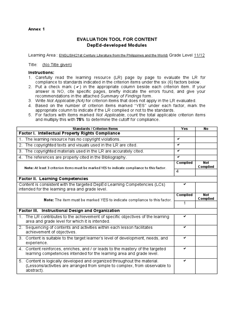 Evaluation Tool For Content Deped-Developed Modules: Annex 1 | PDF ...