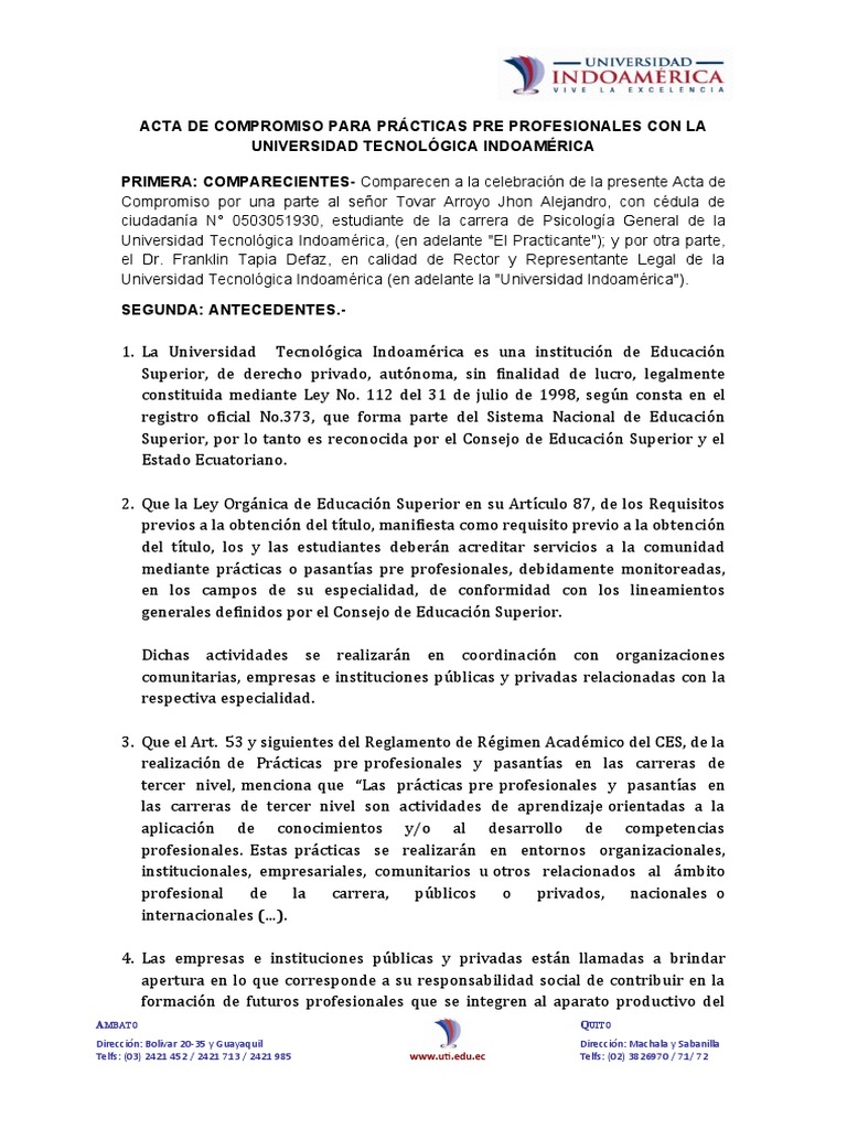 Acta de Compromiso para Prácticas Pre Profesionales Alejandro | PDF | Universidad