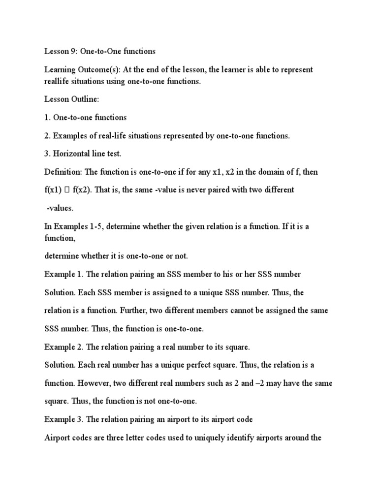 Lesson 9 One-to-One Functions | PDF | Function (Mathematics ...