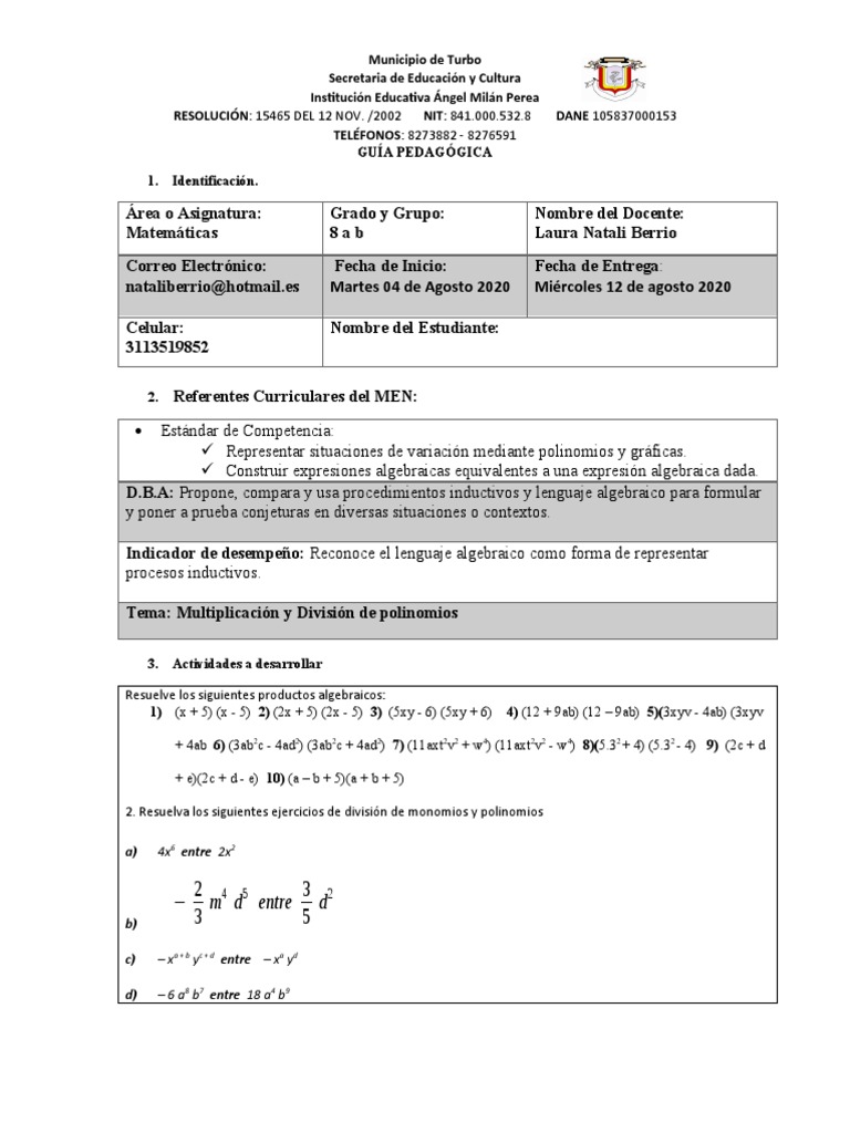 1guíatercer Periodo Matematicas 8 | PDF | División (Matemáticas ...