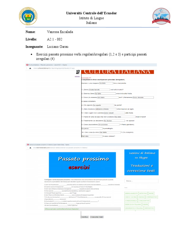 Esercizi Passato Prossimo | PDF