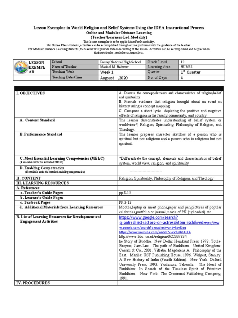 Lesson Exemplar in WRBS | PDF | God | Monotheism