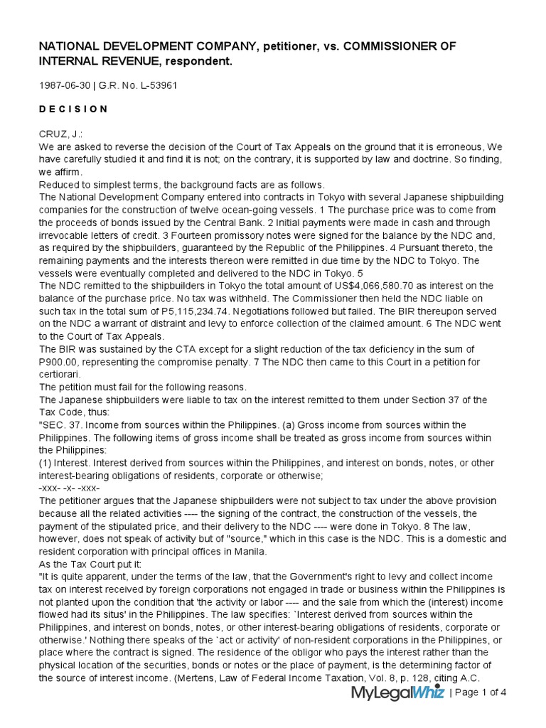 National Development Company (NDC) Vs Commissioner of Internal Revenue (CIR) 151 SCRA 472 | PDF ...