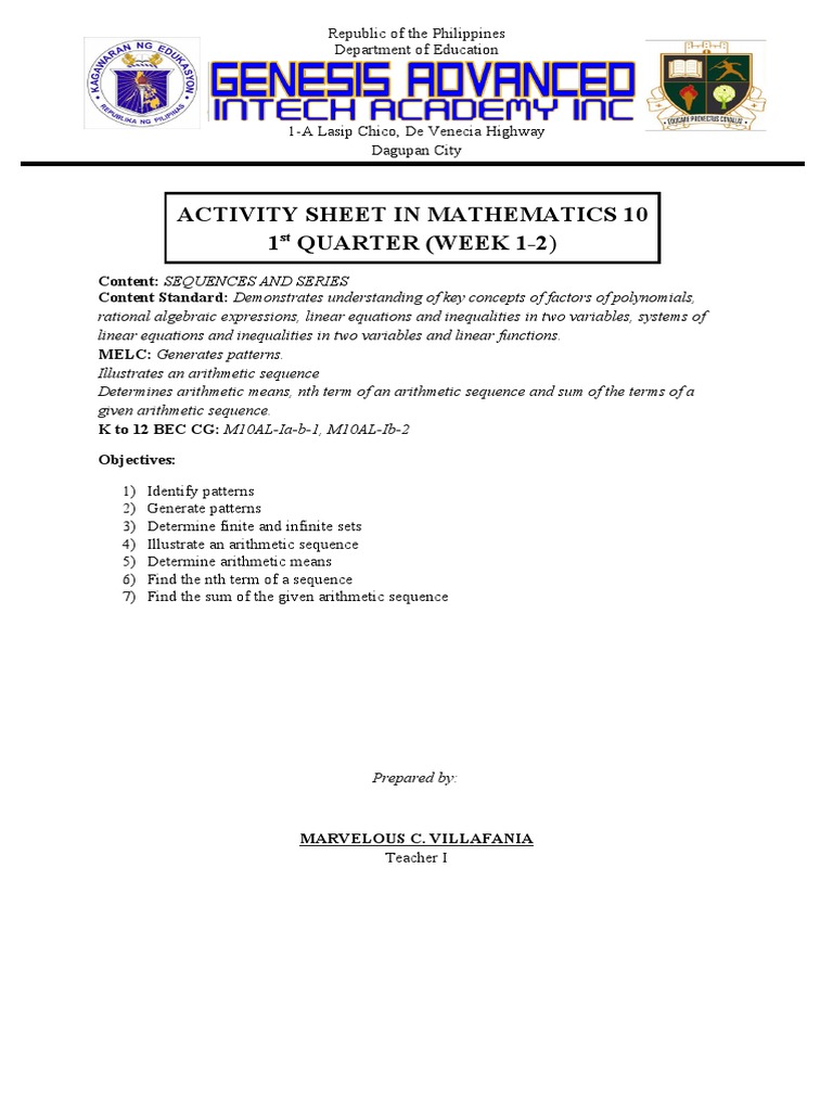 Grade 10 Arithmetic Sequence Activity | PDF | Numbers | Summation