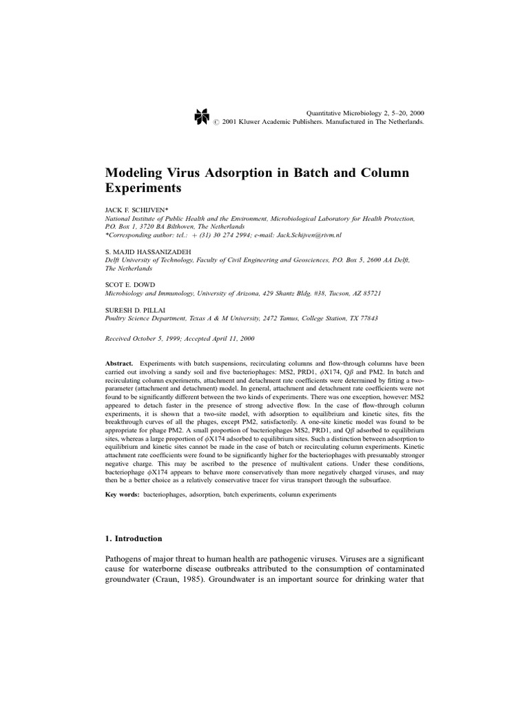 Modeling Virus Adsorption in Batch and Column Experiments | PDF ...