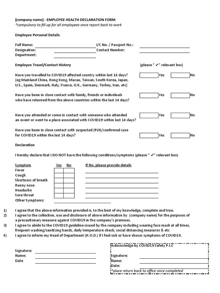 6.2 Health Declaration Form - Employee | PDF | Diseases And Disorders ...