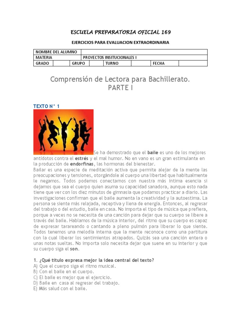 Ejercicios de Comprensión de Lectura para Bachillerato para Alumnos Parte I PDF | PDF | Elemento ...