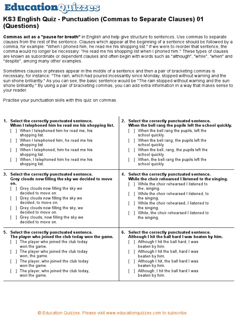 KS3 English Quiz - Punctuation (Commas To Separate Clauses) 01 ...