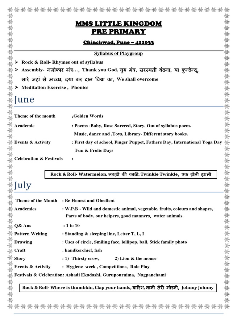 Monthly Syllabus of Pre-Primary - Play Group | PDF