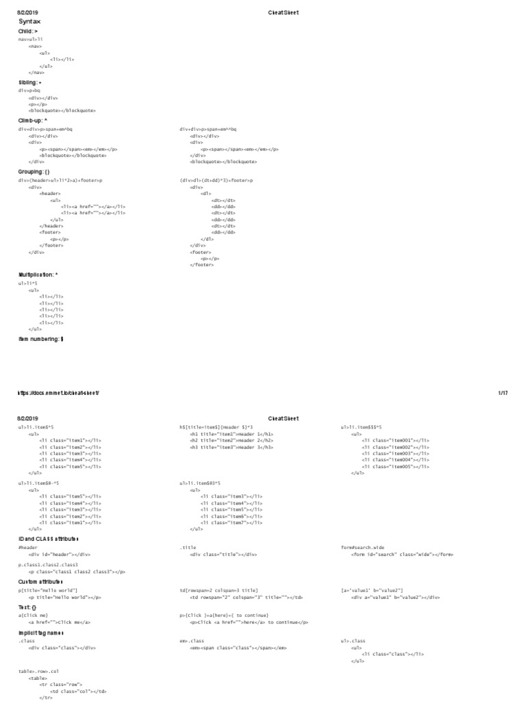 Cheat Sheet Emmet | PDF | Html | Hypertext