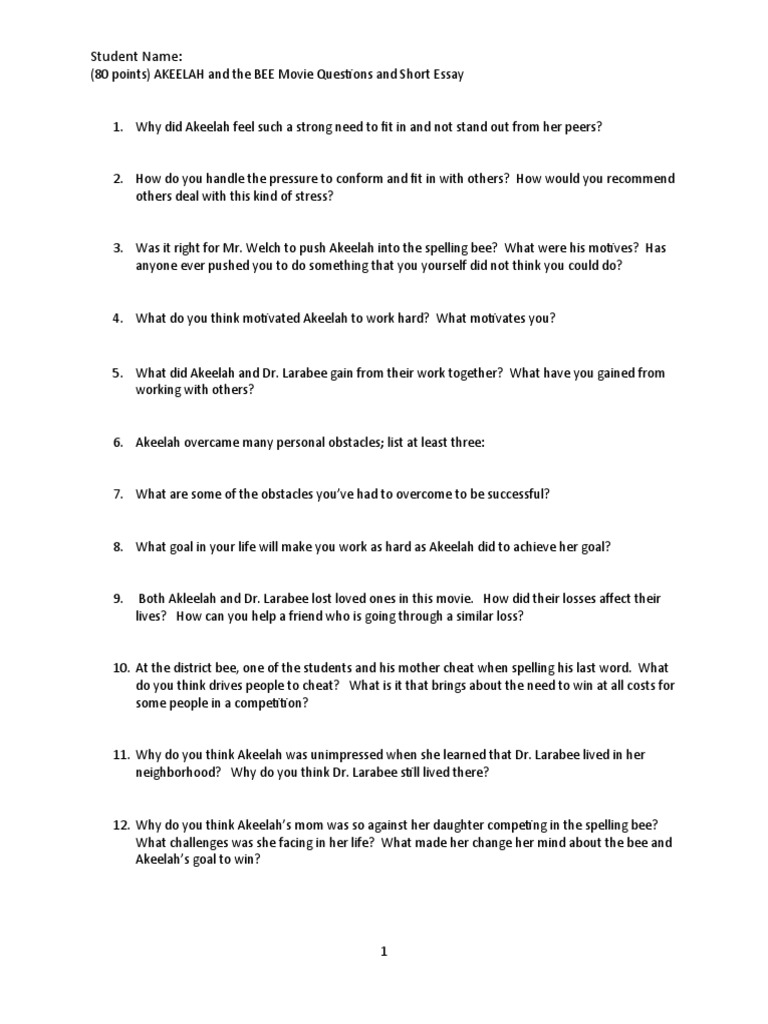 Akeelah and The Bee Movie Questions and Short Essay | PDF | Behavior ...