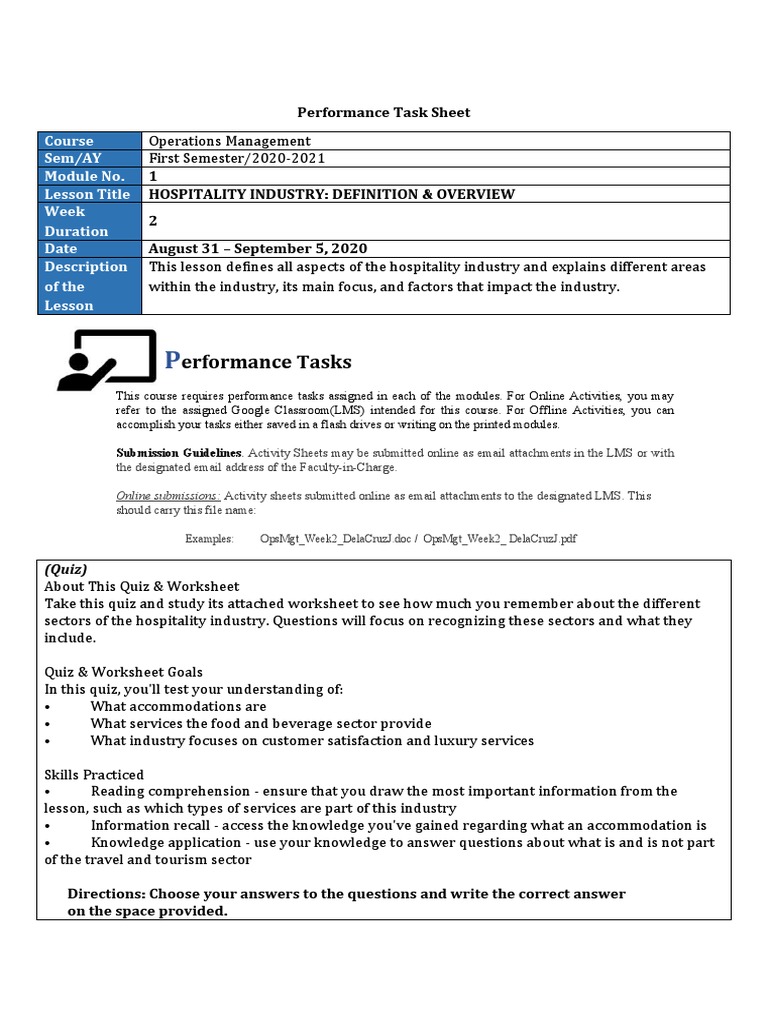 Erformance Tasks: Performance Task Sheet | PDF | Tourism | Hotel