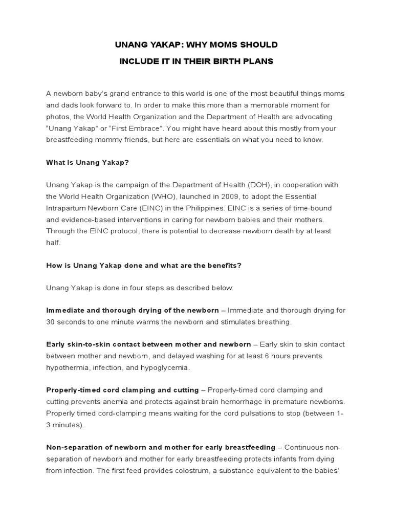 Unang Yakap: Why Moms Should Include It in Their Birth Plans | PDF