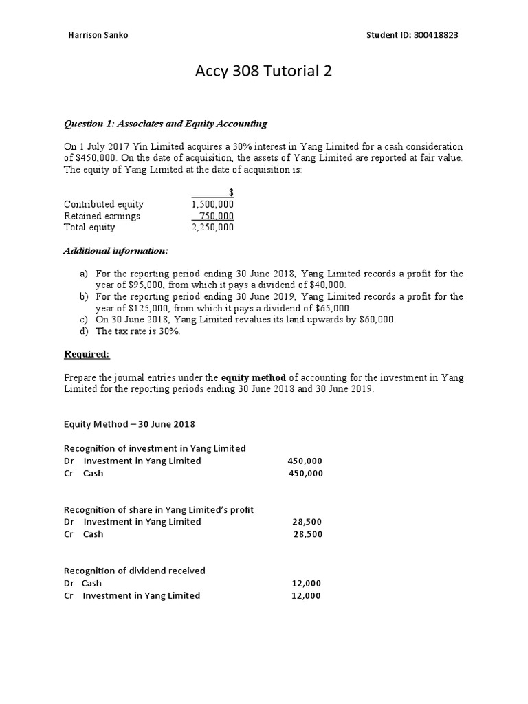 Accy 308 Tutorial 2 | PDF | Equity (Finance) | Subsidiary