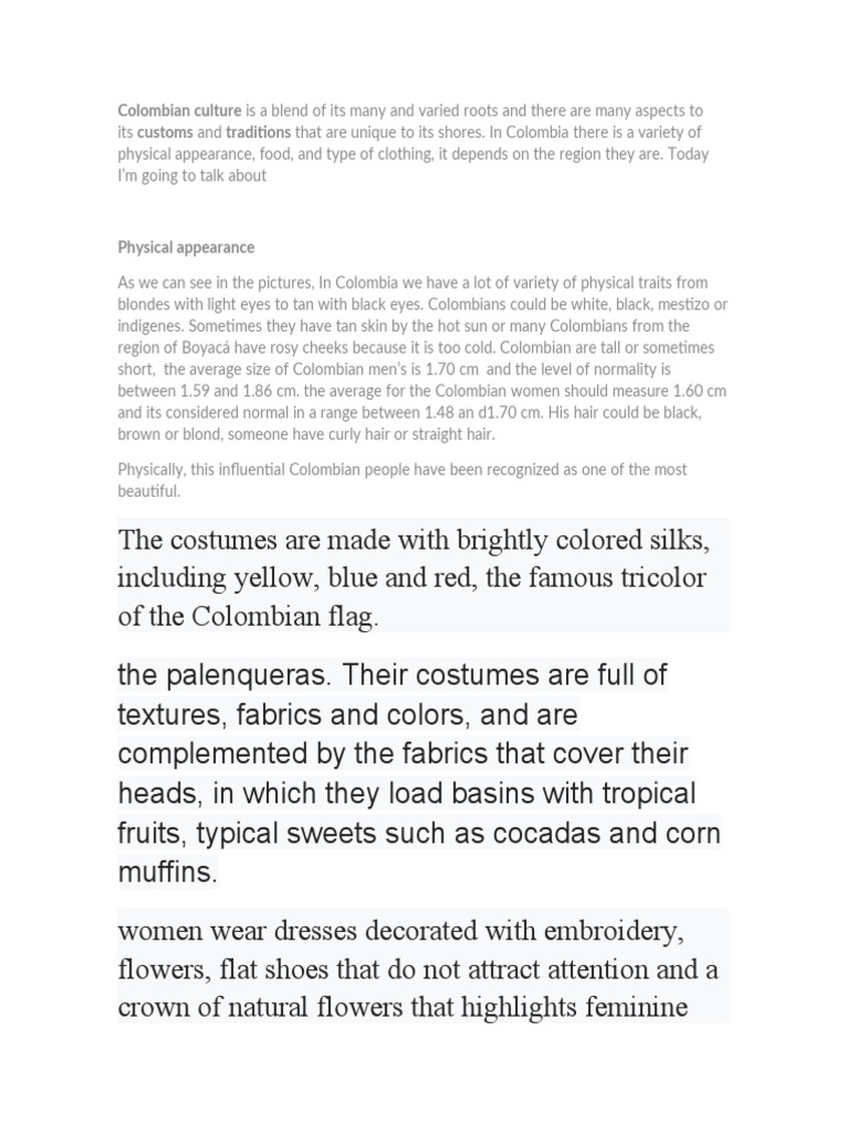 Colombian Culture: Diversity in Appearance and Fashion | PDF