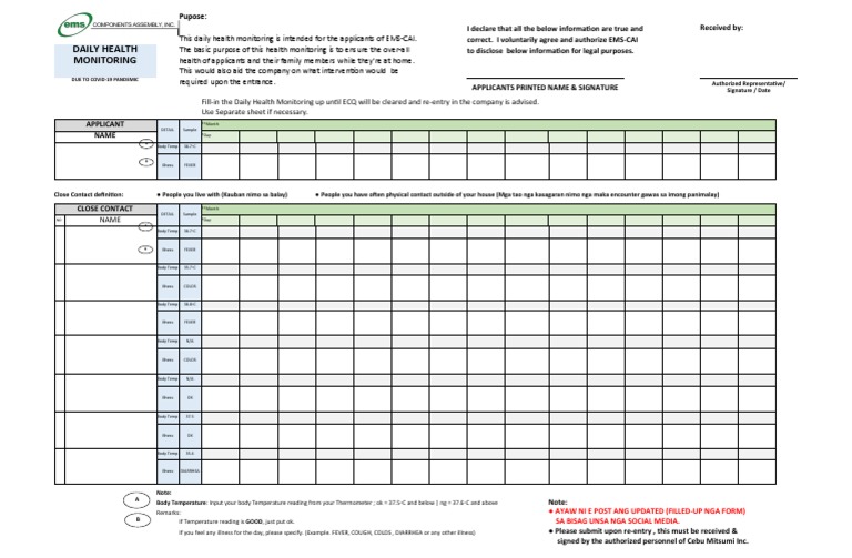 Daily Health Monitoring: Authorized Representative/ Signature / Date ...