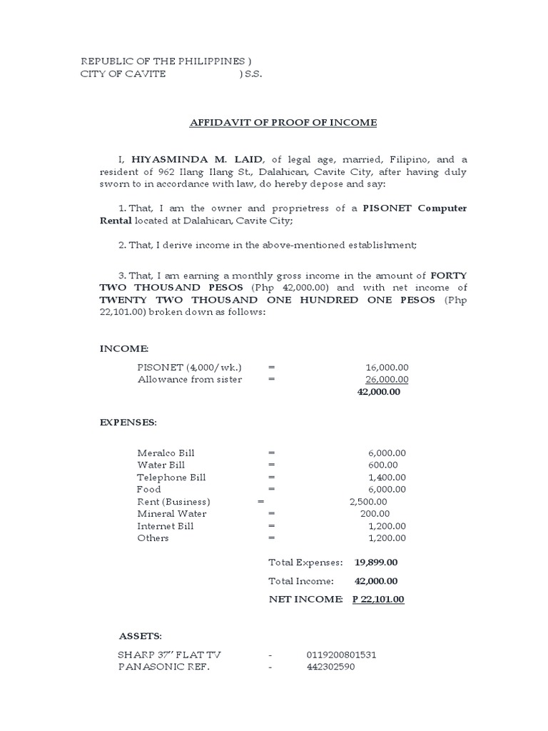Affidavit (Proof of Income) - Carmencita | PDF | Affidavit | Income