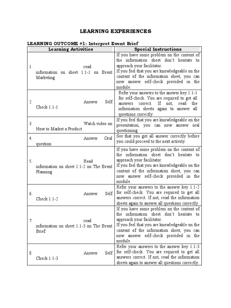 Learning Experiences: LEARNING OUTCOME #1: Interpret Event Brief ...