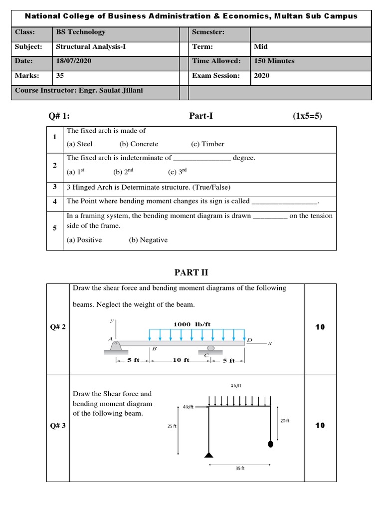 Structural Analysis Exam for BS Technology Students | PDF | Beam ...