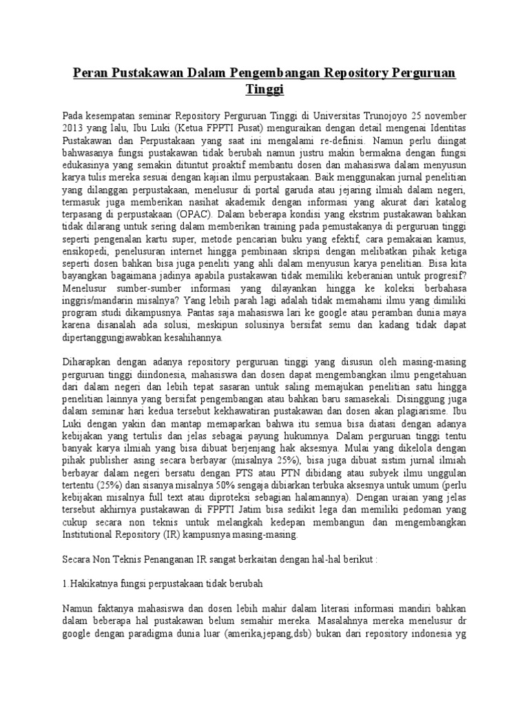 Peran Pustakawan Dalam Pengembangan Repository Perguruan Tinggi | PDF