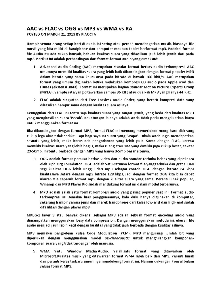 AAC Vs FLAC Vs OGG Vs MP3 Vs WMA Vs RA | PDF