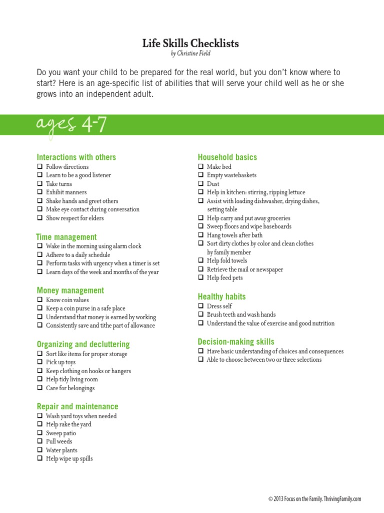 Ages 4-7: Life Skills Checklists | Download Free PDF | Business