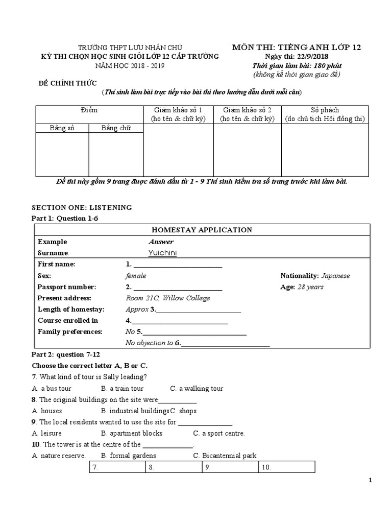 De Thi HSG Tieng Anh 12 Nam 2018 2019 Truong Luu Nhan Chu Thai Nguyen | PDF | Body Language | Foods