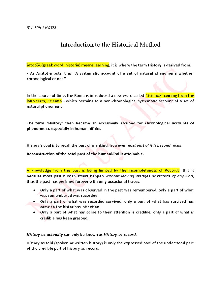Introduction To The Historical Method: It-!: RPH 1 Notes | PDF