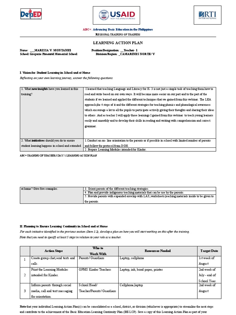 Learning Action Plan for K-3 Education | PDF | Literacy | Reading ...