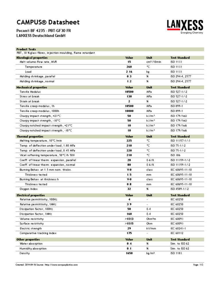 Campus® Datasheet: Pocan® BF 4235 - Pbt-Gf30 FR Lanxess Deutschland ...