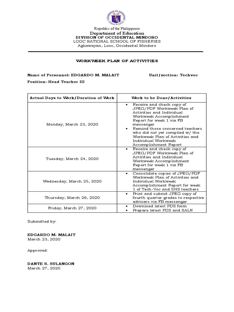 Department of Education: Workweek Plan of Activities | PDF | Workweek ...