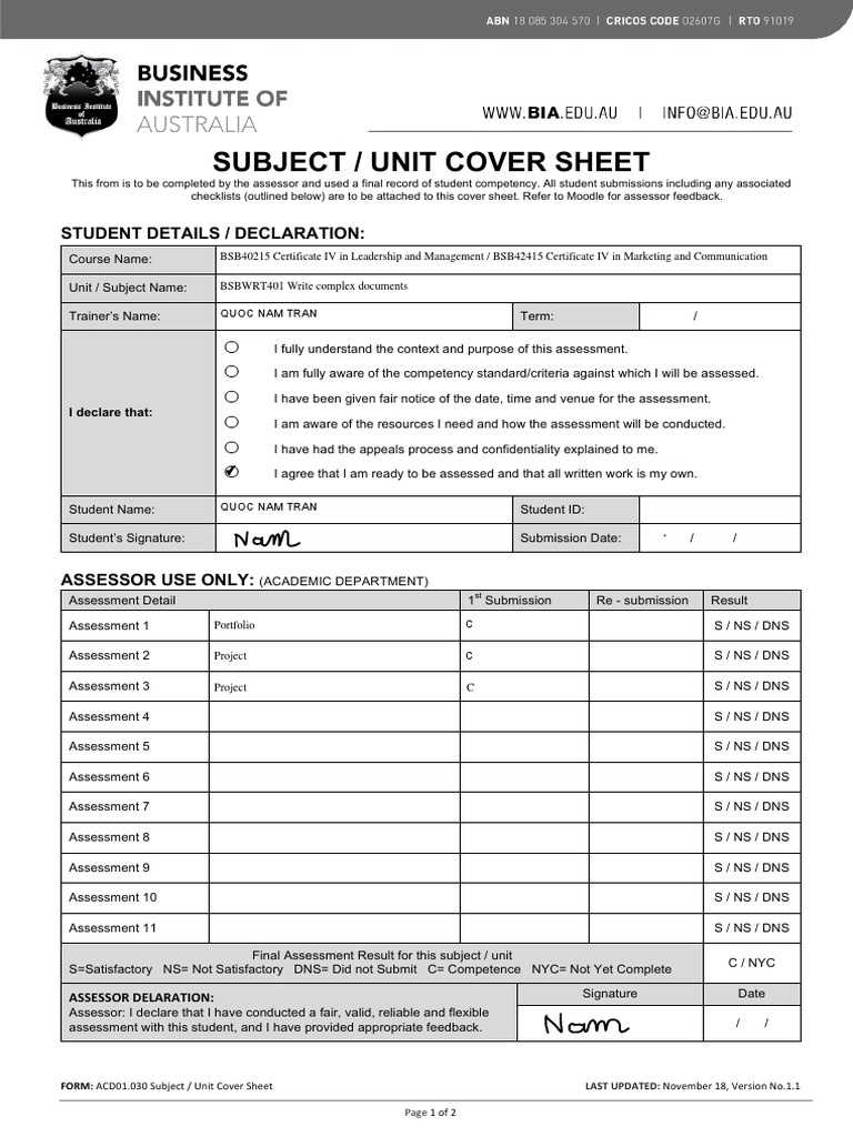 Unit Cover Sheet BSBWRT401 PDF | Download Free PDF | Learning | Cognition
