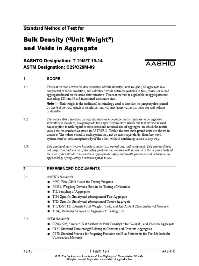 Bulk Density ("Unit Weight") and Voids in Aggregate: Standard Method of ...