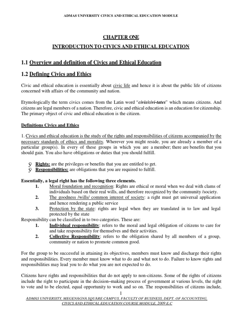 1.1 Overview and Definition of Civics and Ethical Education 1.2 ...