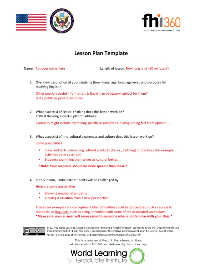 Lesson Plan Template: Note: Your Response Should Be More Specific Than ...
