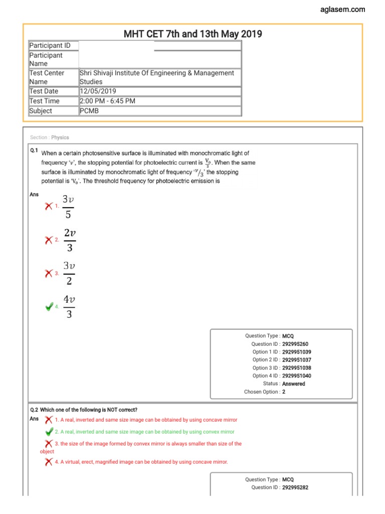 MHT CET Physics MCQ Answers | PDF | Physical Phenomena | Physical Sciences